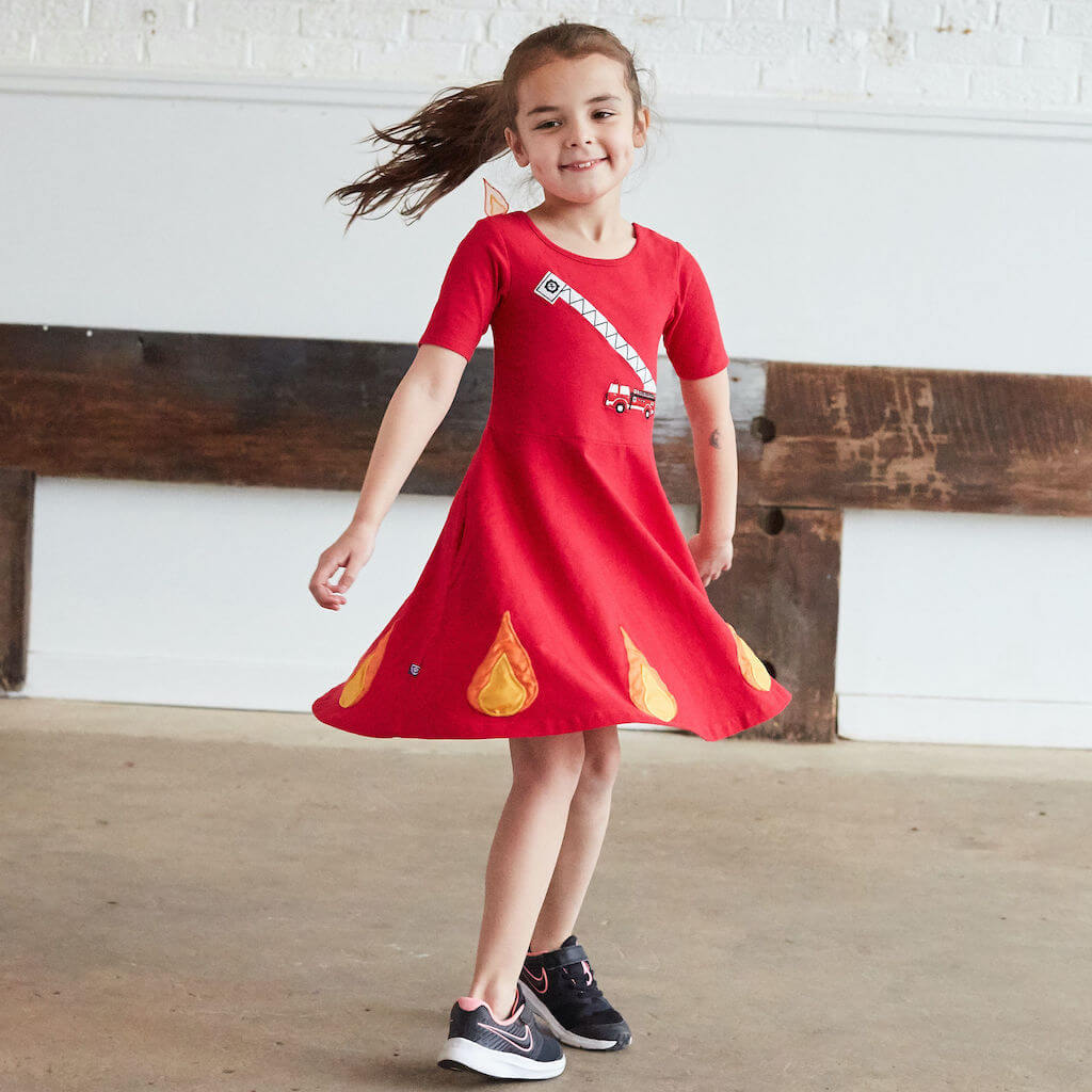 Fire Truck & Flames Ballerina Style Short Sleeve Dress with Pockets ...