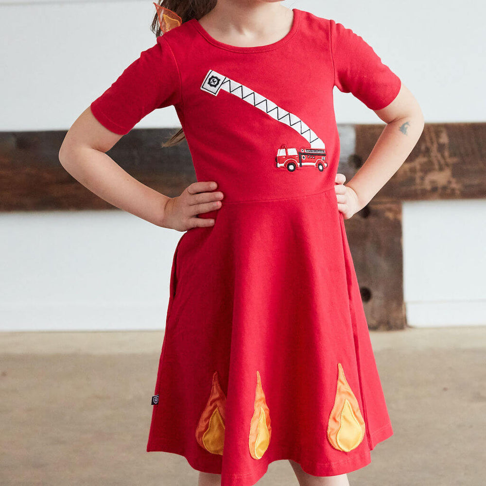 Fire Truck & Flames Ballerina Style Short Sleeve Dress with Pockets ...