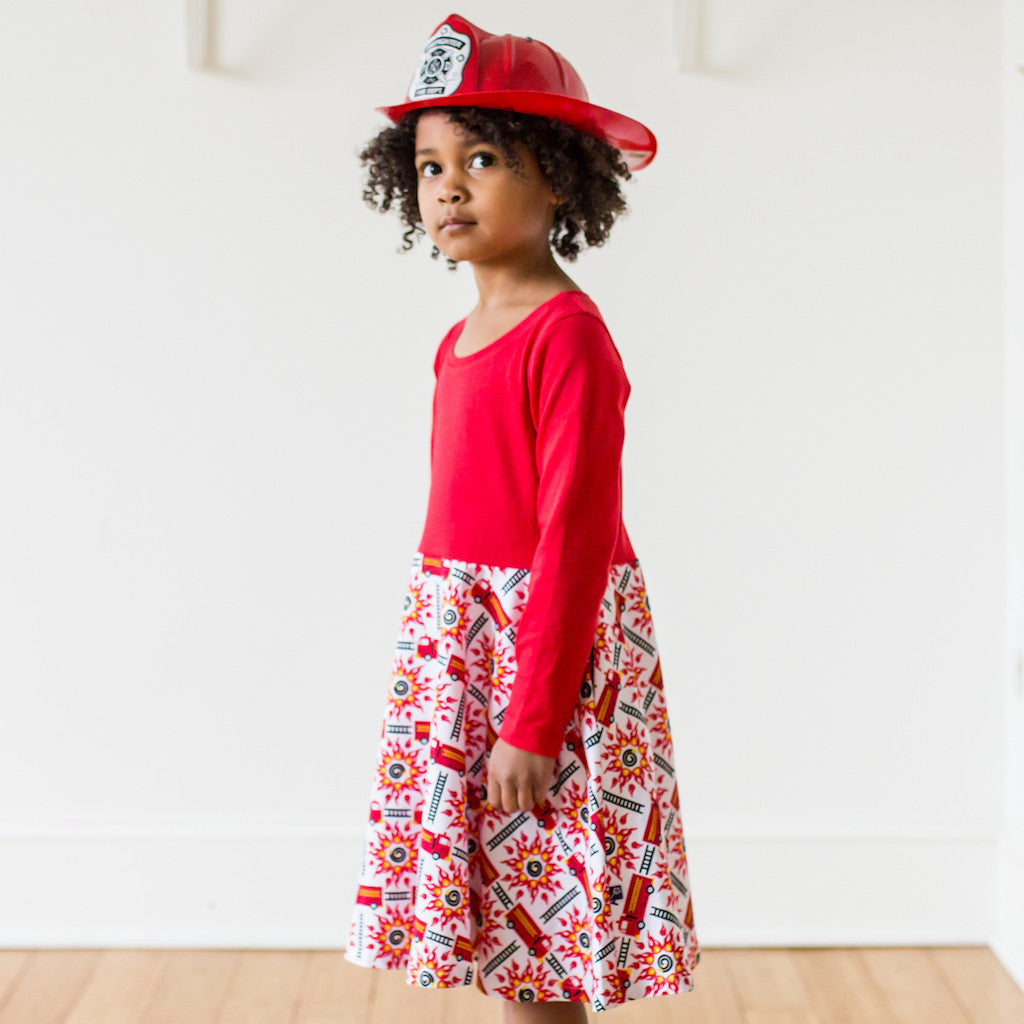 "Rescue Ready" Fire Engine Twirly Play Dress with Pockets and Long Sle ...