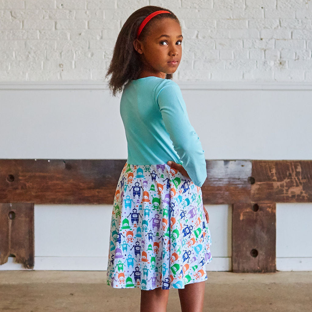 "Bop She-Bot" Roly Poly Robots Long Sleeve Twirly Play Dress with Pock ...