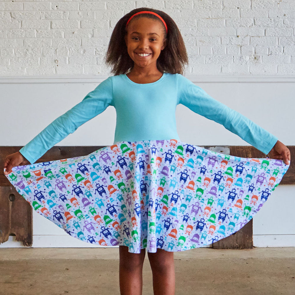 "Bop She-Bot" Roly Poly Robots Long Sleeve Twirly Play Dress with Pock ...